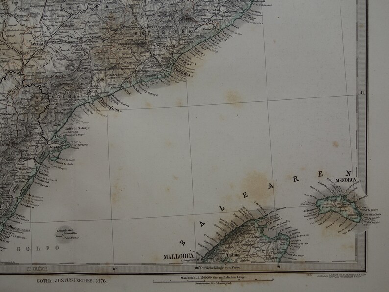 SPAIN Antique Map of Aragon Catalonia 1876 Large Original Old Hand ...