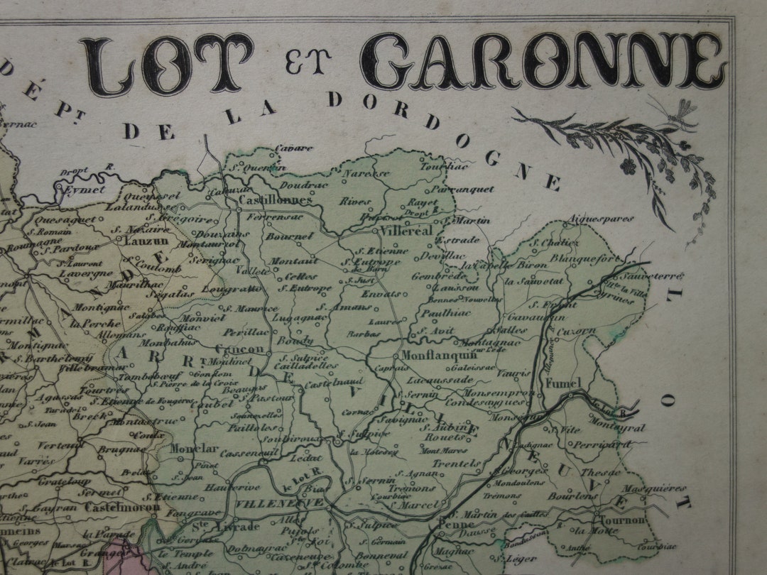 Lot-et-garonne 1870 Original Old Map Hand-colored Antique Print of Agen ...