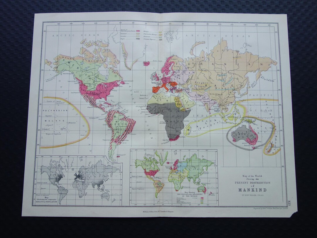 ANTHROPOLOGY World Map 1896 Original Antique Map of Human Races Lovely ...
