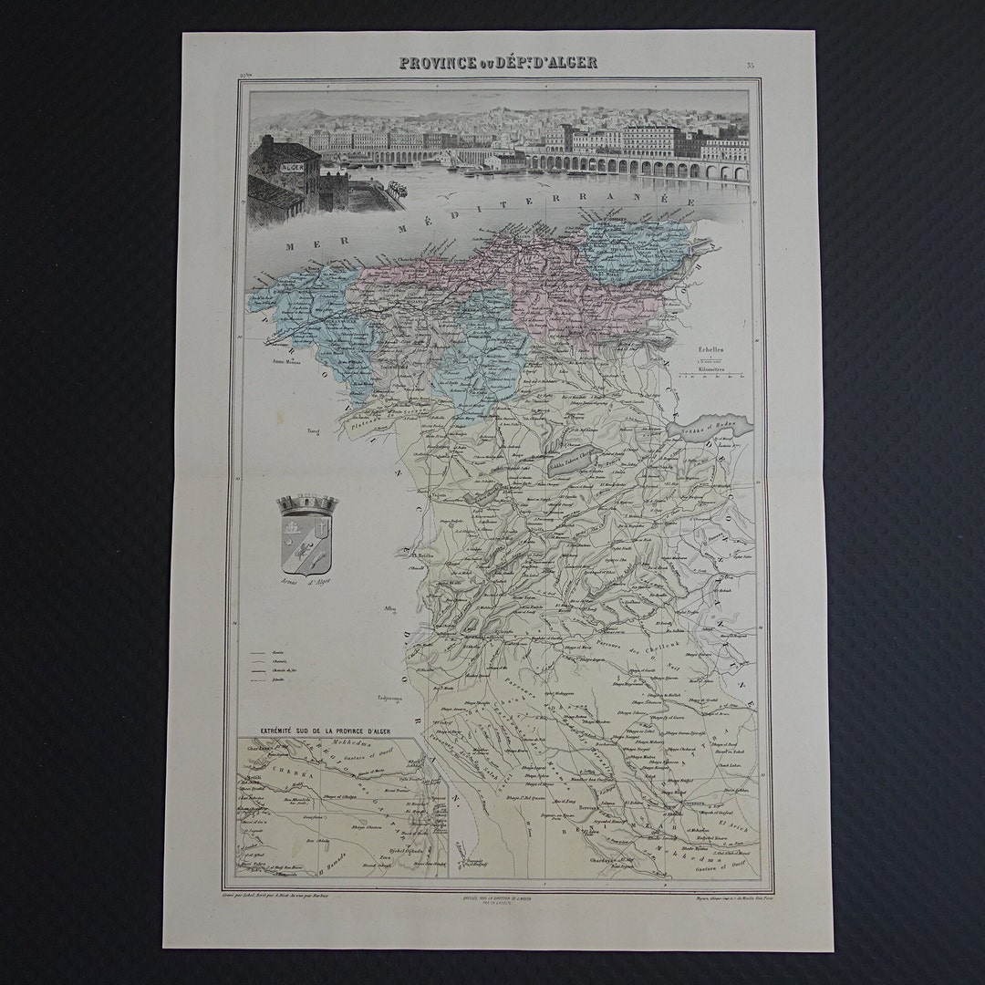 ALGERIA Old Map of Alger Province Algeria 1886 Original Antique Hand ...