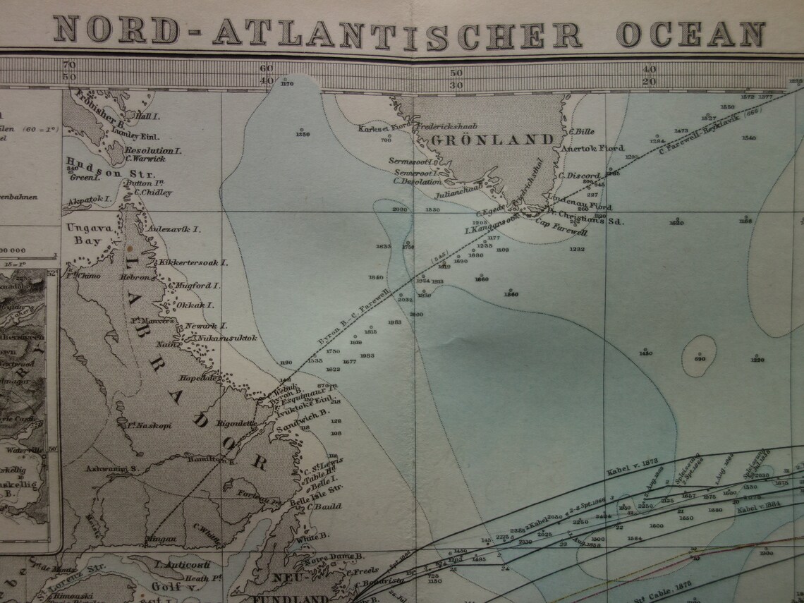 ATLANTIC Ocean Map 1886 Original Large Old Print of Sea Depth | Etsy