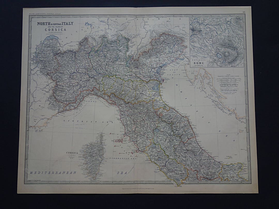 ITALY Large Old Map of North and Central Italy 1878 Original Antique ...
