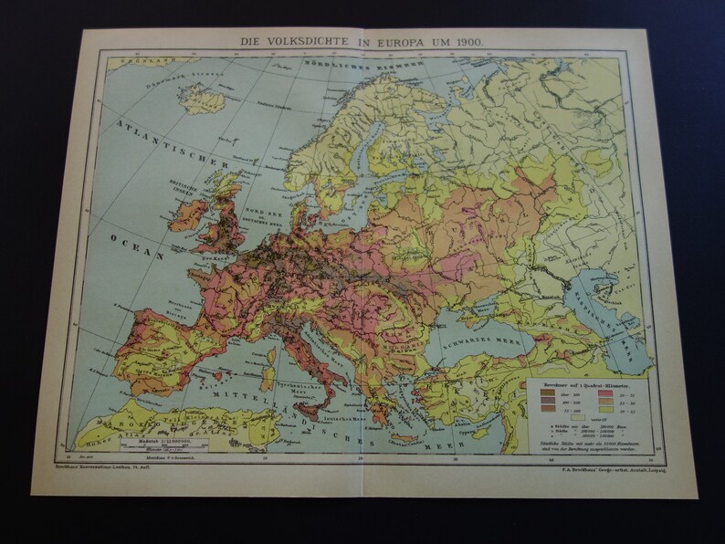 EUROPE Old Map of Population Density European Continent 1905 | Etsy