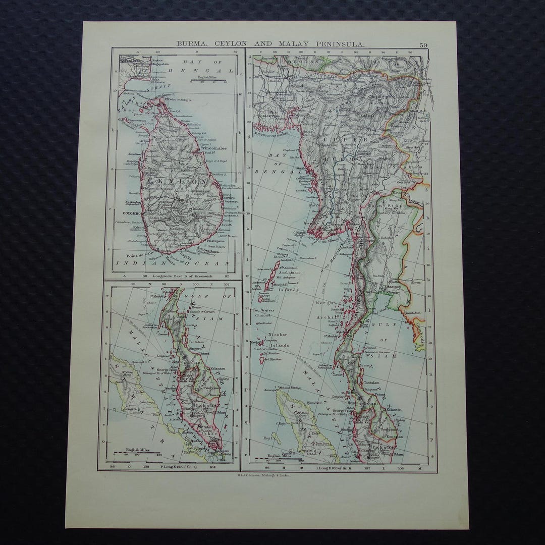 Myanmar Sri Lanka English Map of Burma Ceylon and Malay Peninsula ...