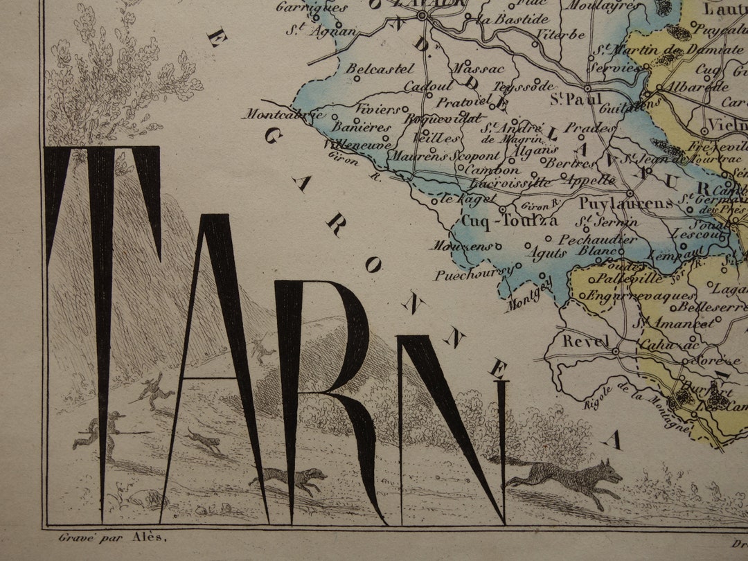 TARN Antique Map of Tarn Departement France 1856 Beautiful Old Hand ...