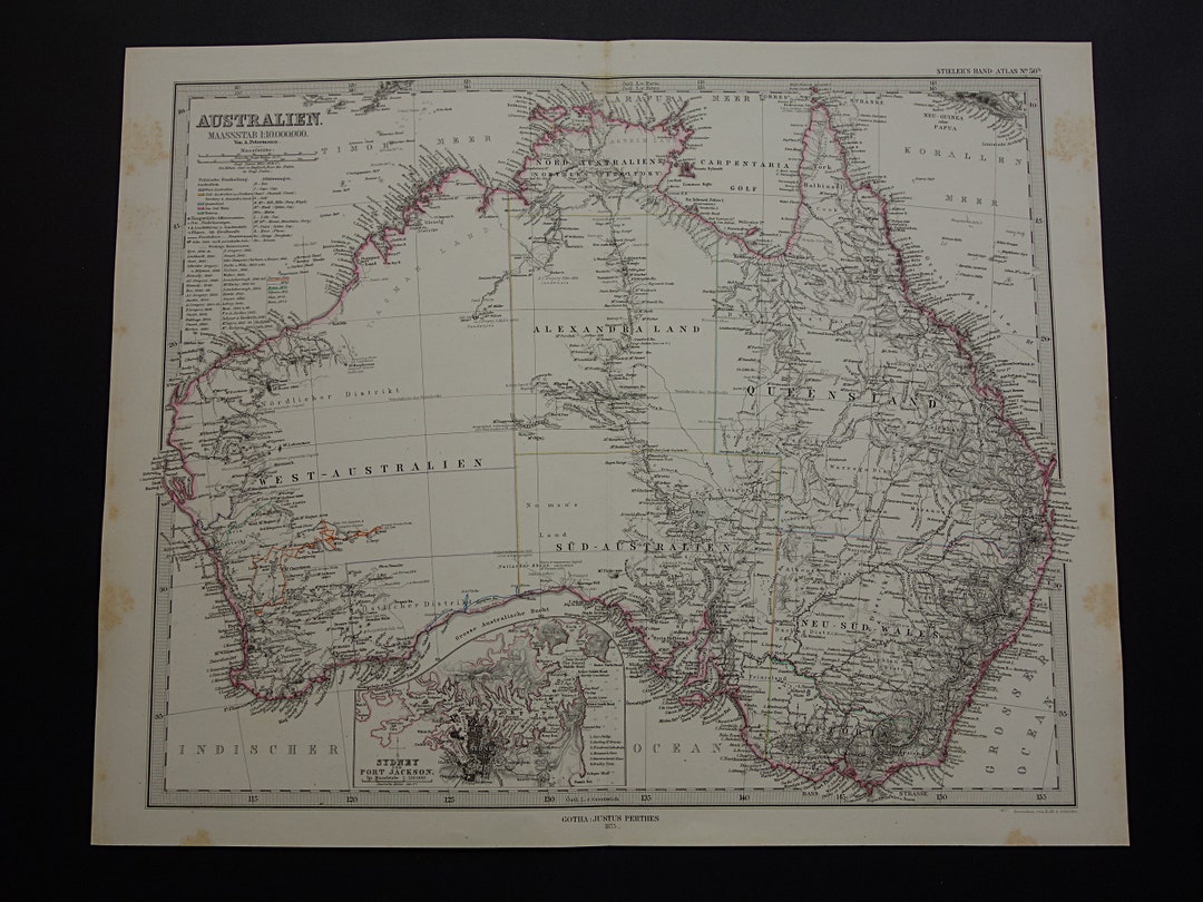 Australia Map LARGE 1875 Original Old Antique Poster Print of Sydney ...
