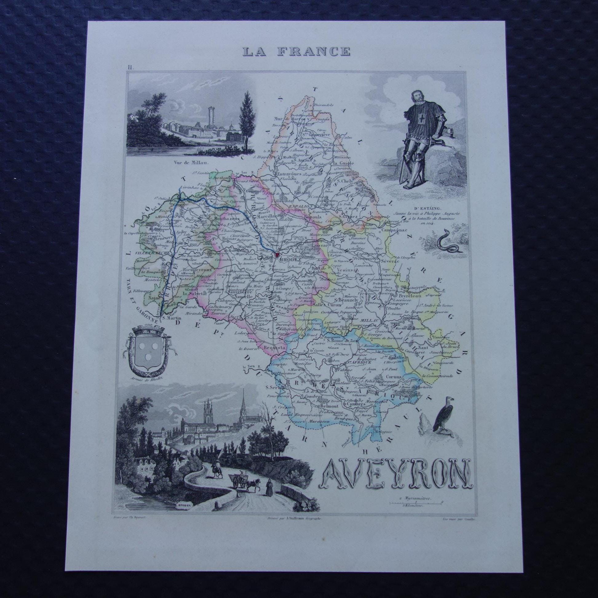 165+ Years Old Map of Aveyron Department France - Beautiful Old Hand ...
