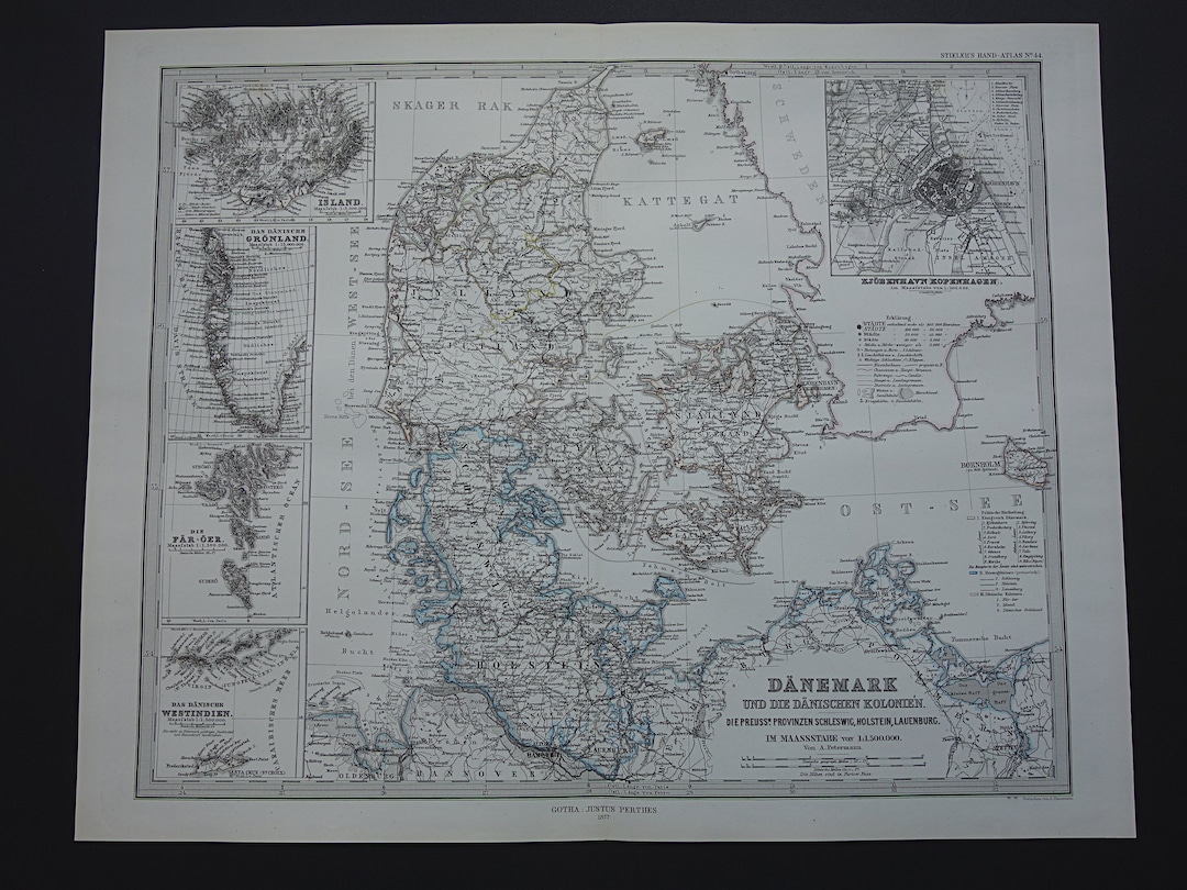 DENMARK Old Map of Denmark and Holstein 1877 Original Large Antique ...