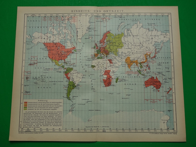Vintage World Map of Time Zones 1909 Original Antique German - Etsy