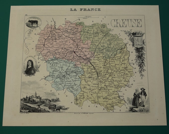 Antique Map of Creuse Department France 1870 Original Old Hand-colored ...