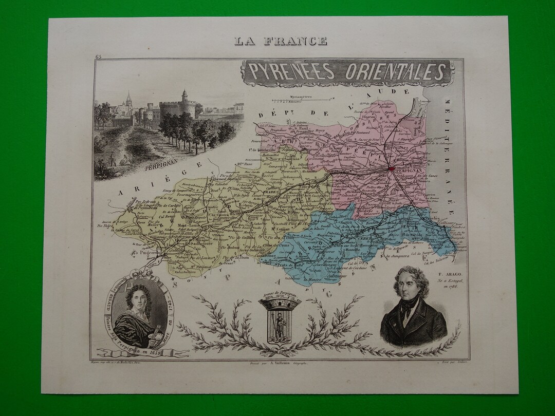 1882 Antique Map of Pyrénées-orientales Departement France Beautiful ...