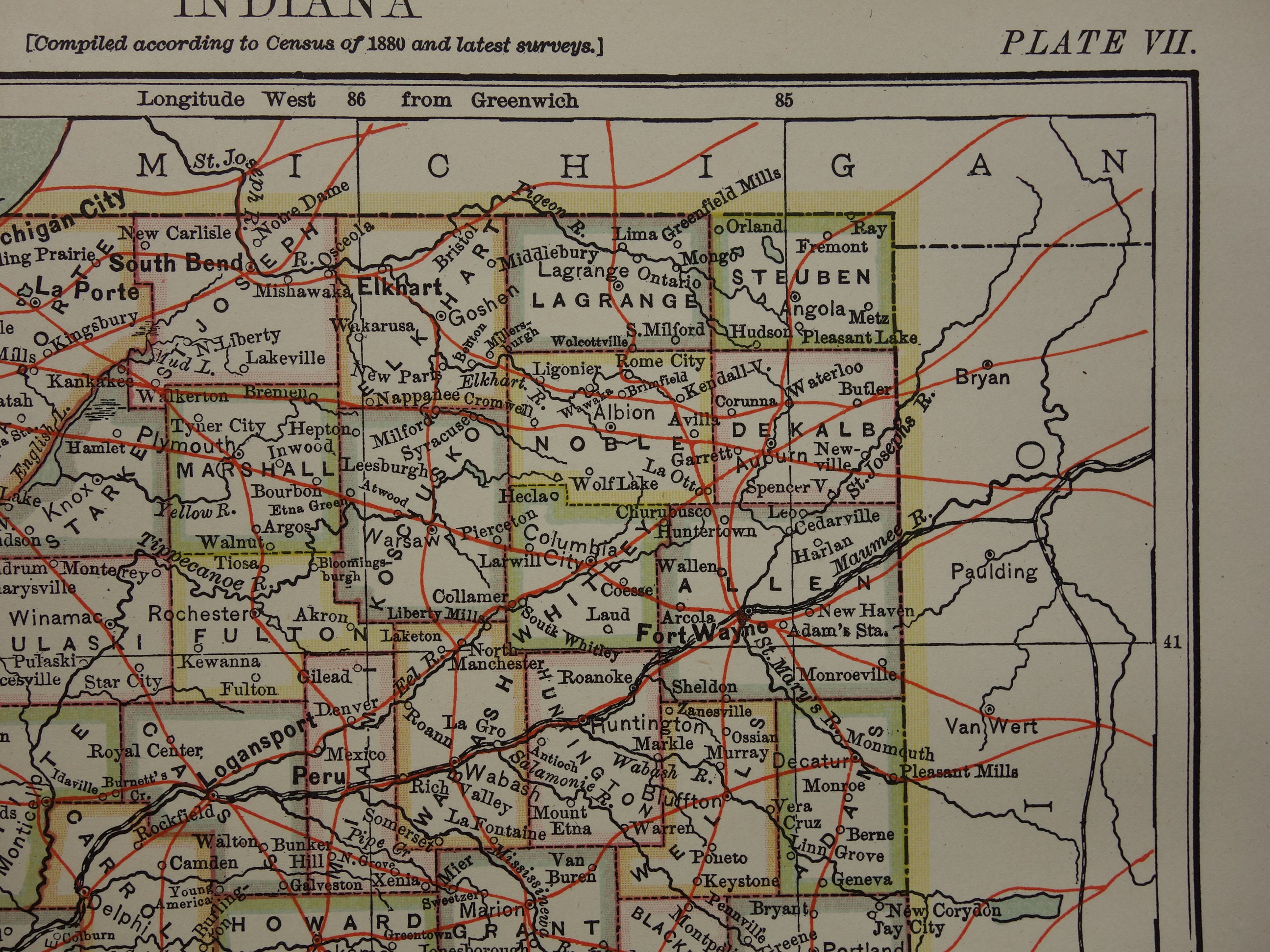 INDIANA Old Map 1881 Original Antique Print State of IN USA - Vintage ...