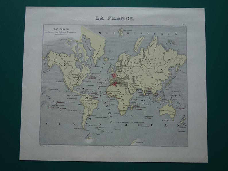 1870 Old World Map of French Colonies - Original Hand-colored Antique ...
