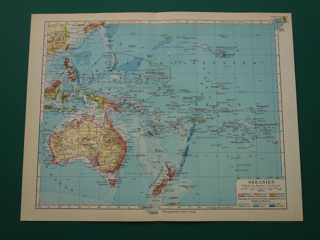 OCEANIA Old Map of Oceania 1928 Original Vintage Print About Pacific ...