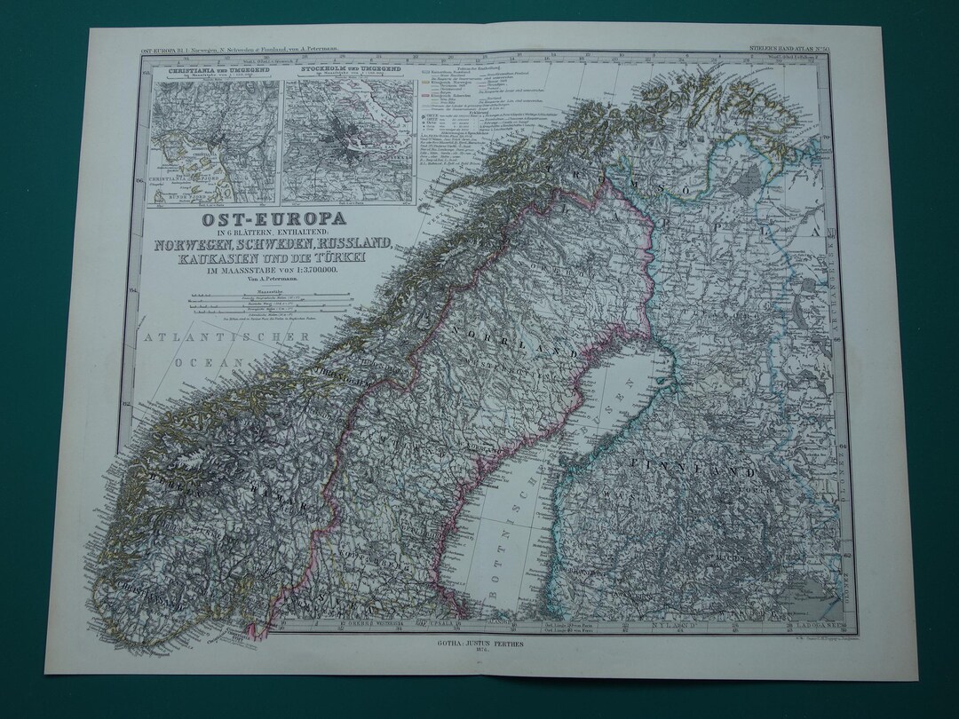 NORWAY Old Map of Norway 1876 Original Antique Hand-colored Poster ...
