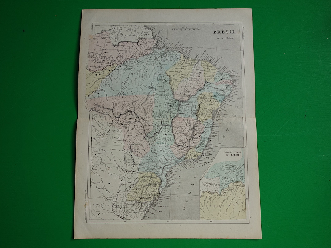 BRAZIL Old Map of Brazil 1858 Original Antique French Hand Colored ...