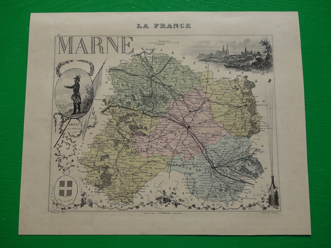 1870 Antique Map of MARNE Departement France - Beautiful Old Hand ...