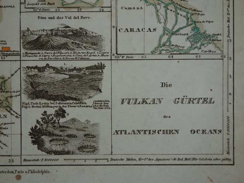 VOLCANO Old Print of Volcanoes Around Atlantic 1851 Original Antique ...