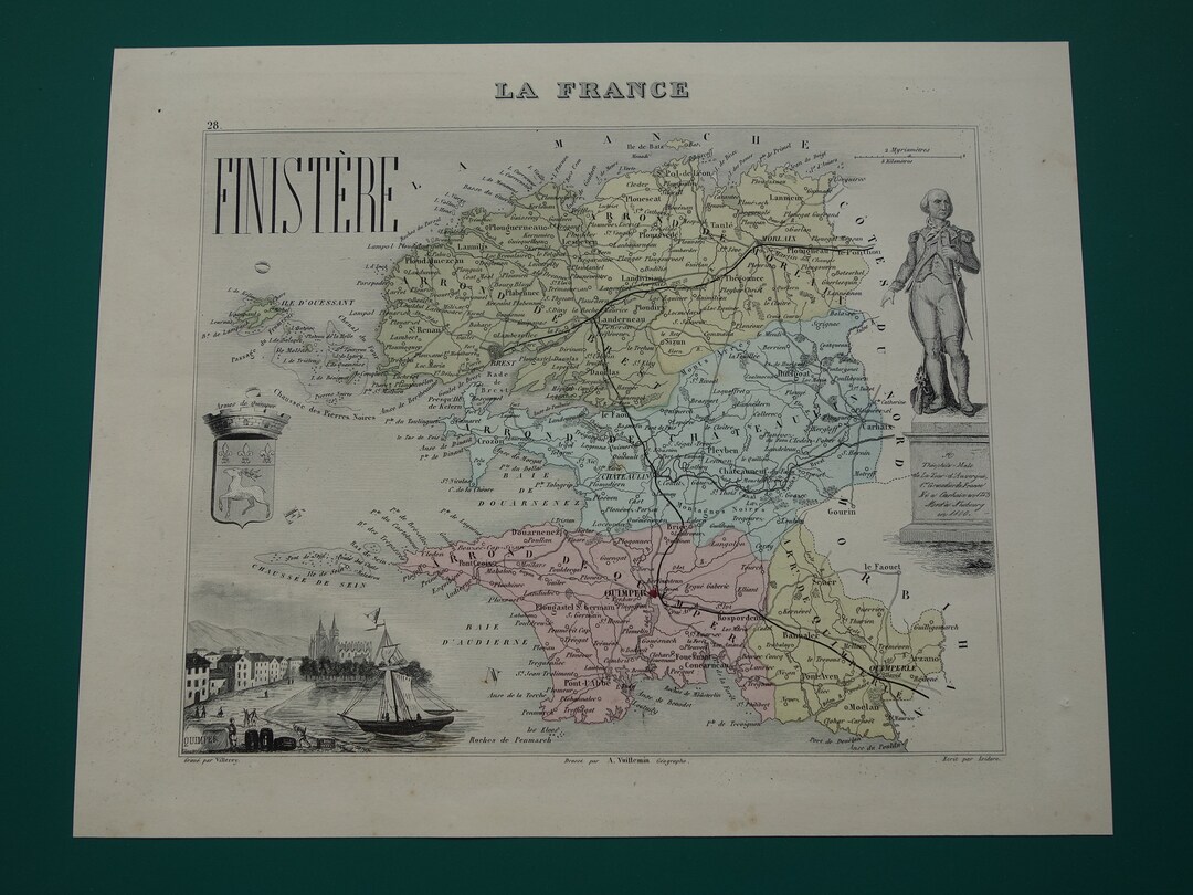 Finistère Old Map of Finistere Departement 1870 Beautiful Antique Hand ...