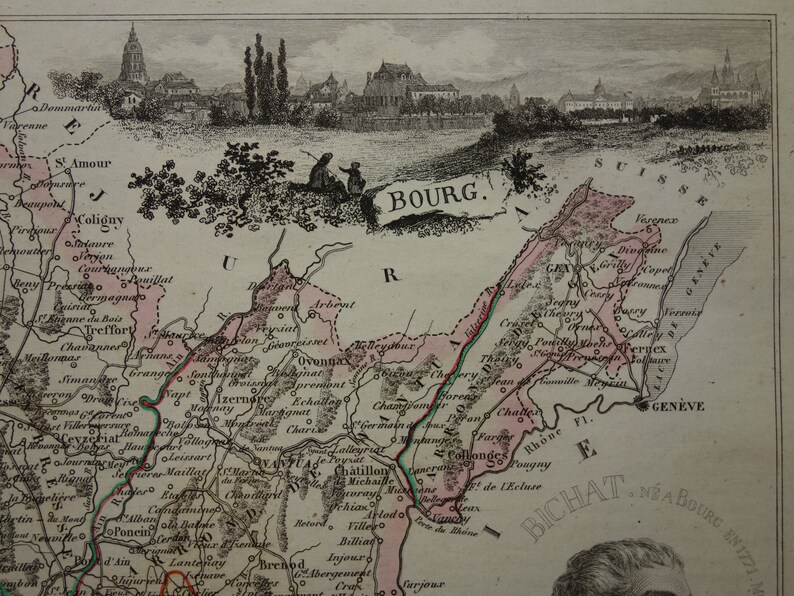 1851 Antique Map of Ain Departemnt France - Beautiful Old Hand Colored ...