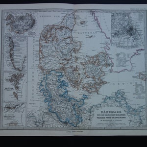 DENMARK old map of Denmark and Holstein 1886 original large | Etsy