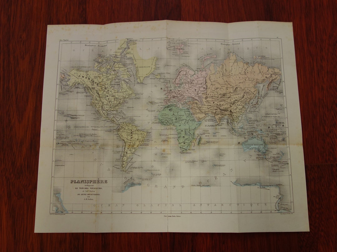 Antique Map of the World 1858 Original Antique French Hand-colored ...