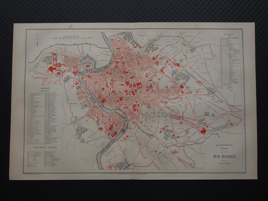 ROME Large Map of Rome Antique City Plan - Original 1877 Old French Big ...