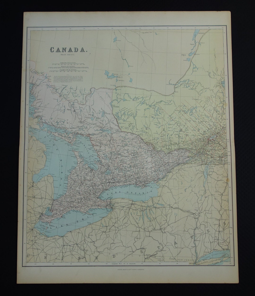 CANADA Old LARGE Map of Ontario Quebec 1890 Original Antique Poster ...