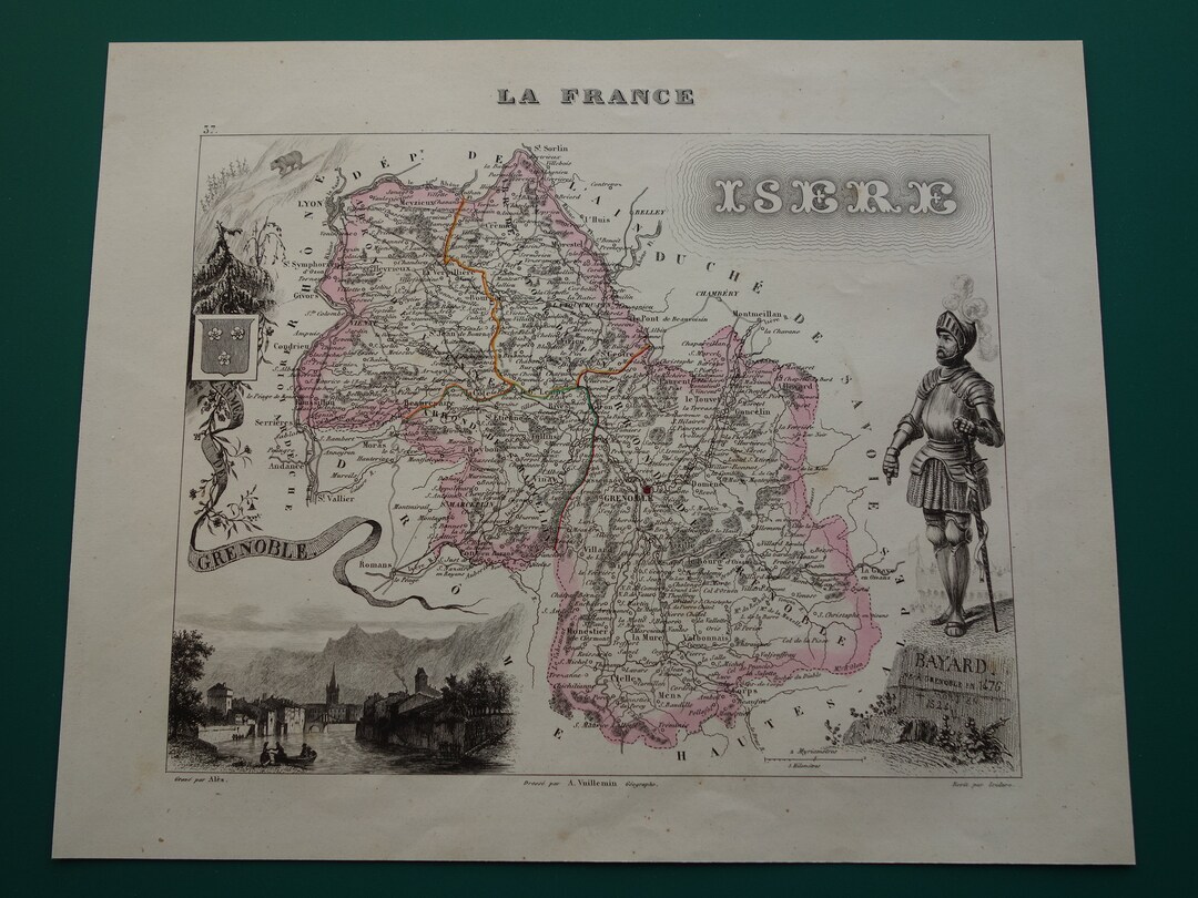 Isère Old Map of Isere Department France 1851 Antique Print Grenoble ...