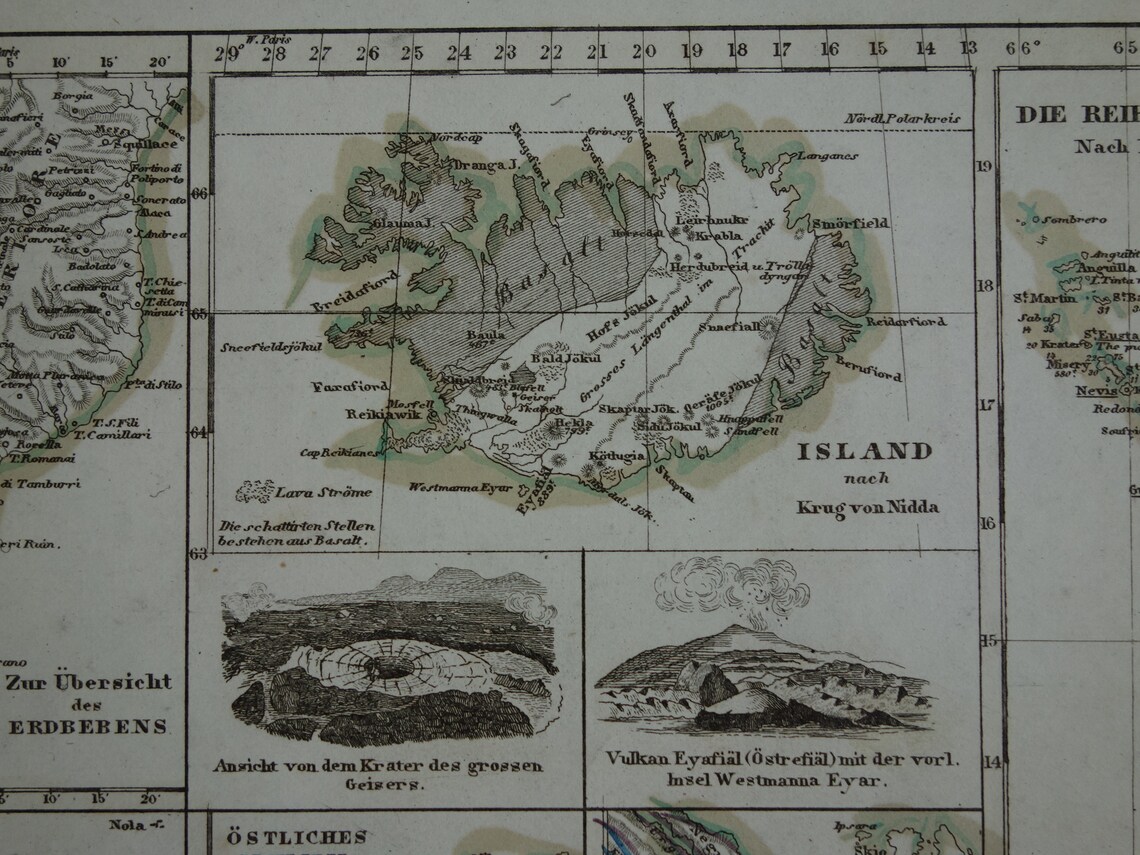 VOLCANO Old Print of Volcanoes Around Atlantic 1851 Original Antique ...