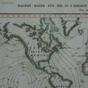 EARTH'S MAGNETIC FIELD Antique World Map Original 160+ Years Old ...