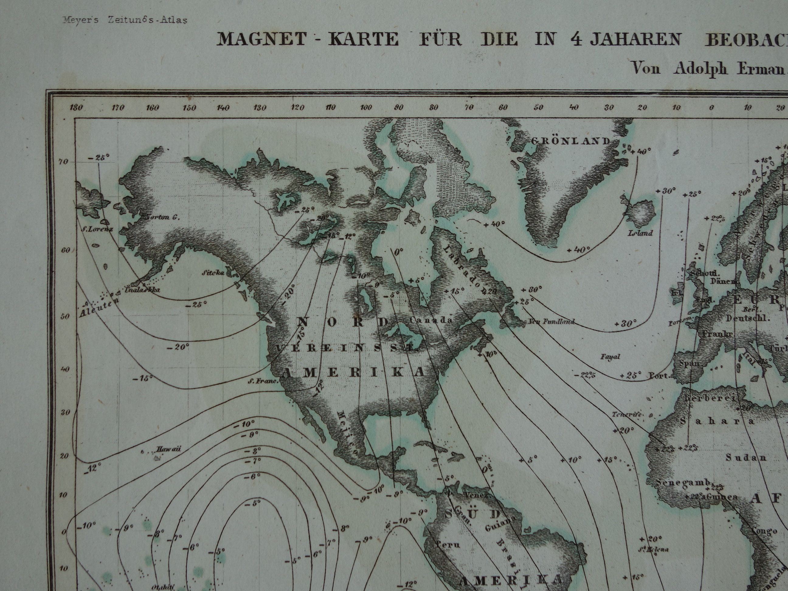 EARTH'S MAGNETIC FIELD Antique World Map Original 160+ Years Old ...