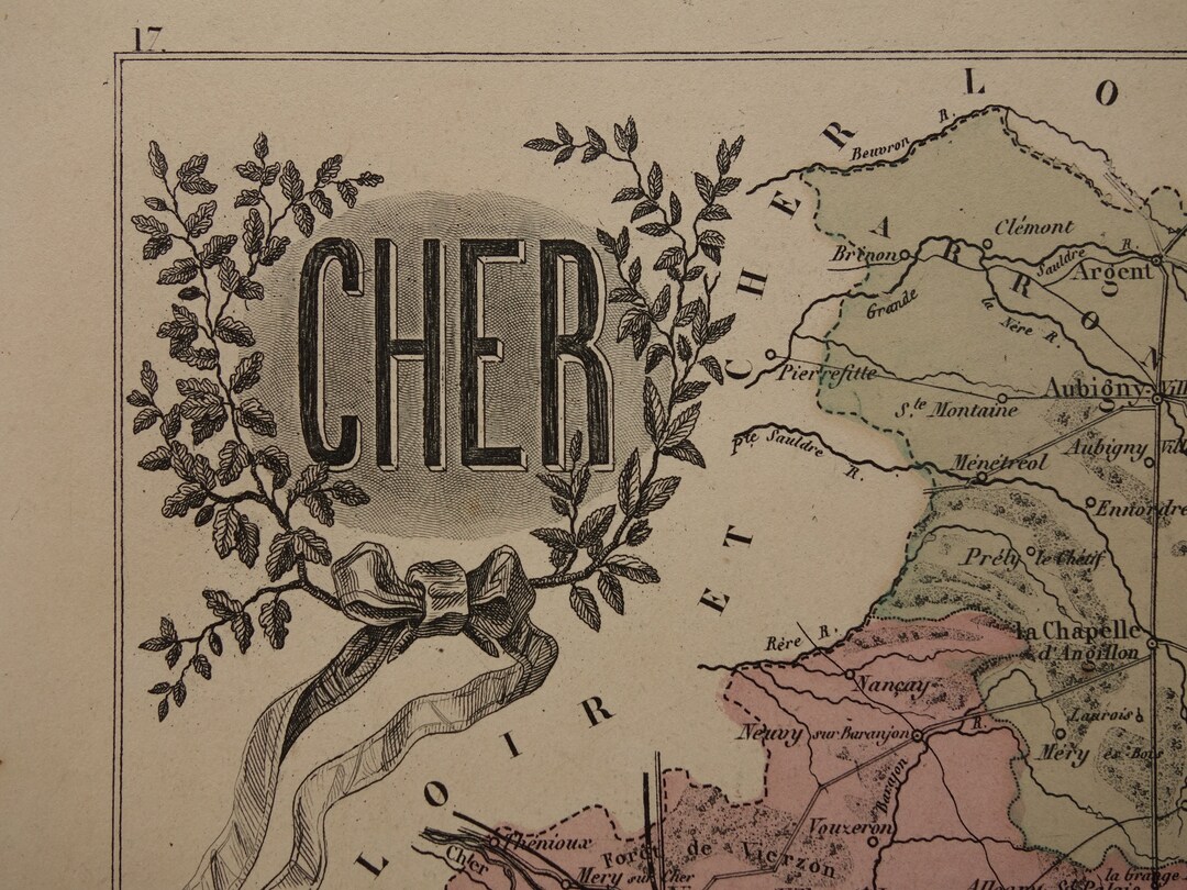 CHER Old Map of Cher Department France 1870 Original Antique Hand ...