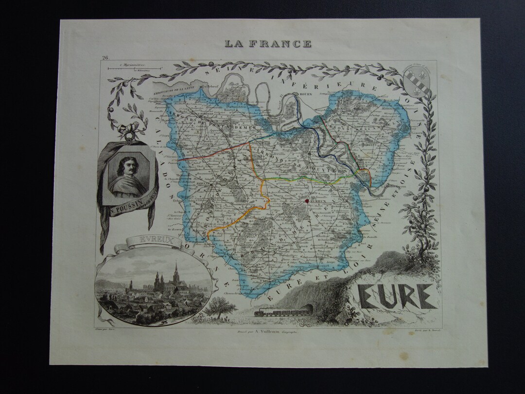 EURE Old Map of Eure Department France 1851 Original Antique Hand ...