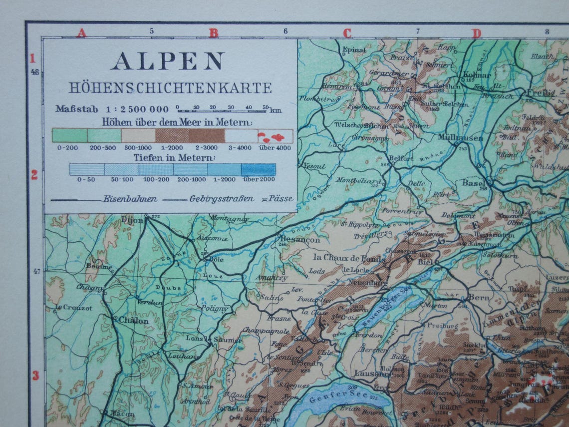 ALPS Old Map of the Alps 1928 Original Vintage Print Italy Switzerland ...