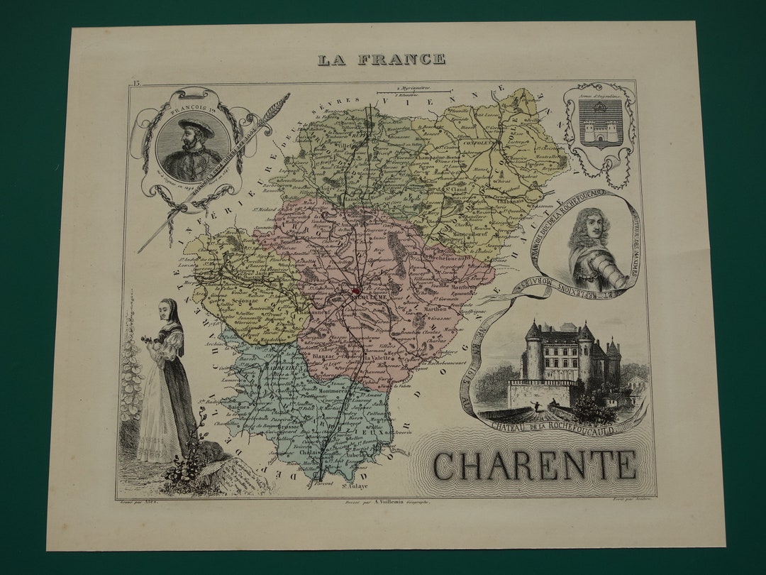 1870 CHARENTE Old Map of Charente Department Original Hand-colored ...