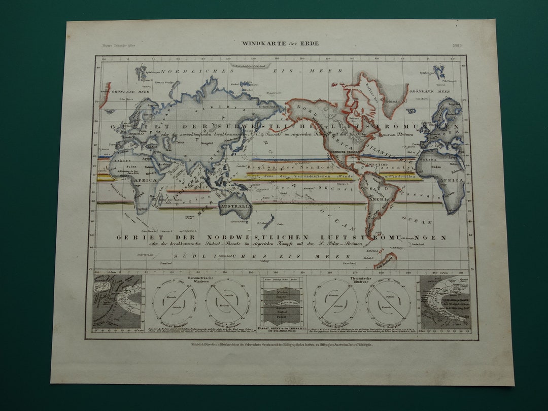 WORLD MAP of Wind 1850 Original Old Hand Colored Print About Trade ...
