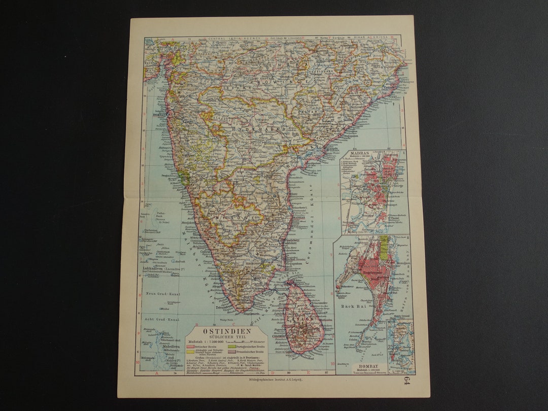 Old Map of India 1931 Antique German Print About Southern India Madras ...