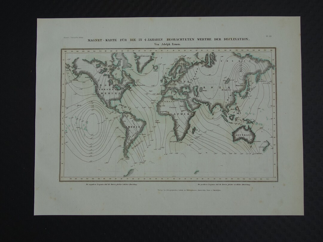 EARTH'S MAGNETIC FIELD Antique World Map Original 160+ Years Old ...