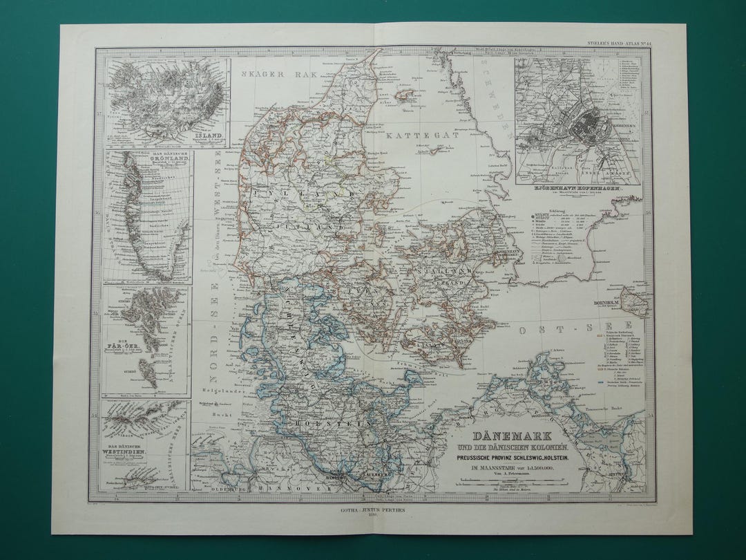 DENMARK Old Map of Denmark and Holstein 1880 Original Large Antique ...