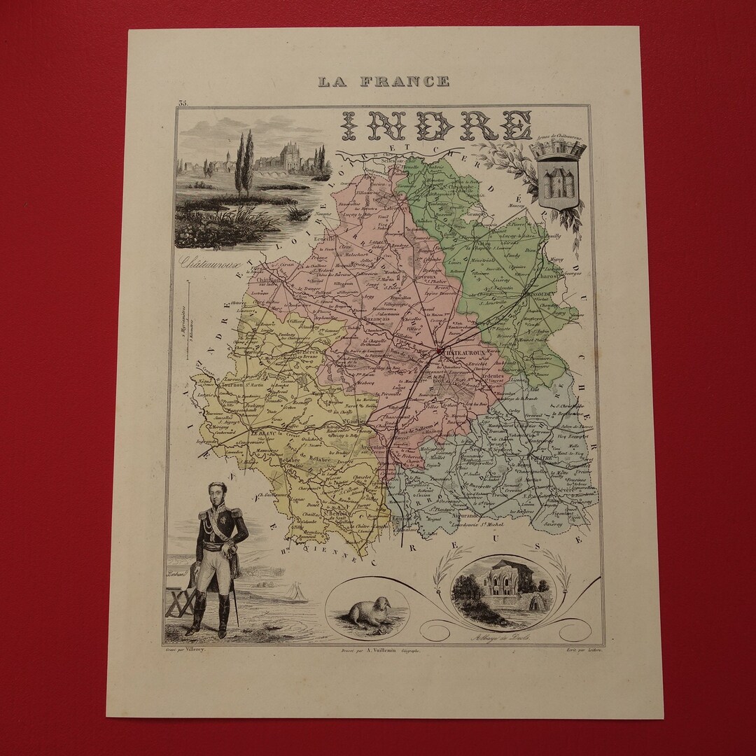 1870 INDRE Old Map of Indre Department France Original Antique Print ...