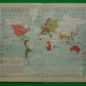Vintage World Map of Time Zones 1909 Original Antique German Worldmap ...