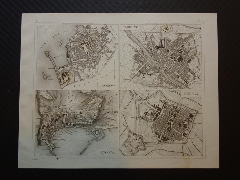 FLORENCE Old Map of Ancona Modena Livorno and Florence Original 175 ...
