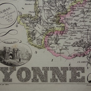1856 YONNE Old Map of Yonne France Original Antique Print About Auxerre ...