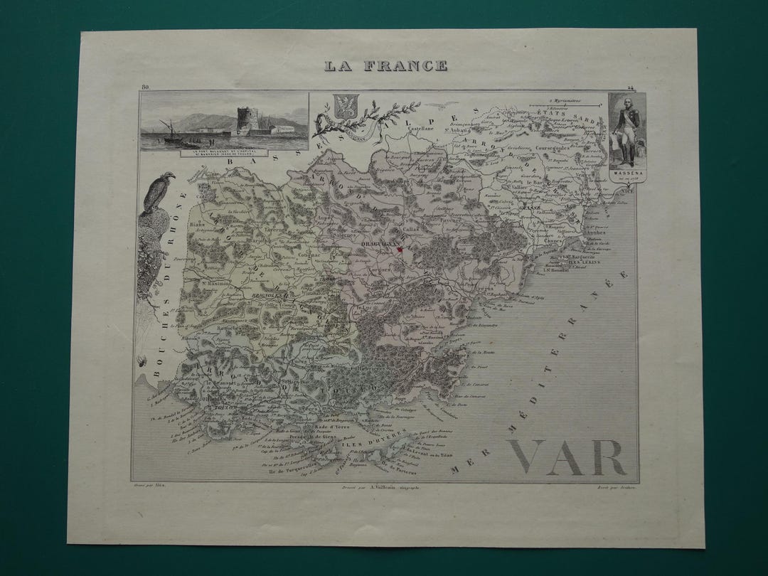 VAR Antique Map of Var Departement France 1870 Beautiful Old Hand ...