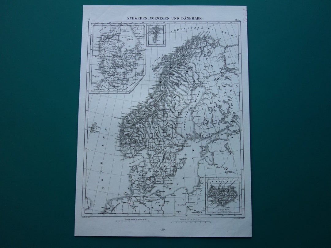 Antique Map of Norway Sweden and Denmark Original 170 Years Old German ...