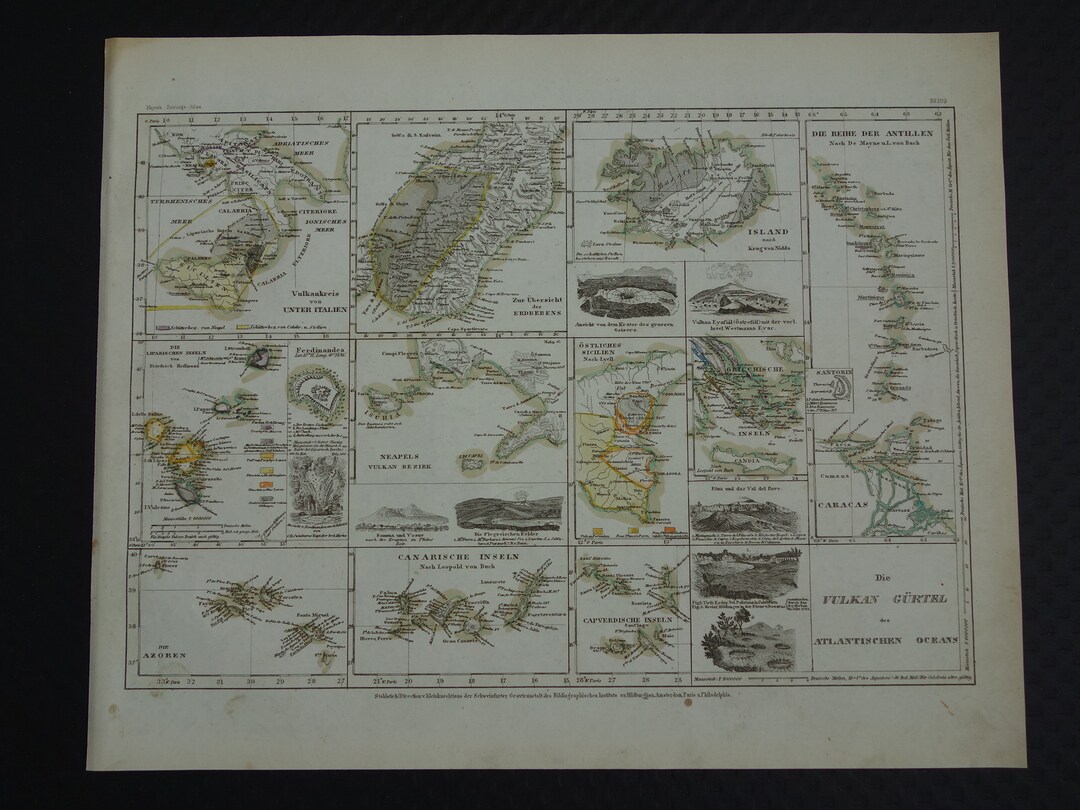 VOLCANO Old Print of Volcanoes Around Atlantic 1851 Original Antique ...