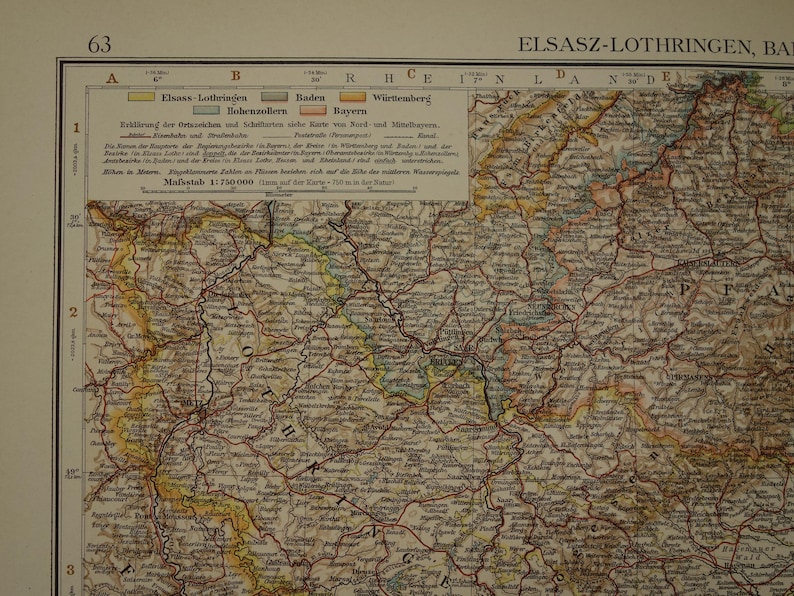 GERMANY Old Map of Alsace-lorraine 1910 Large Antique Print of Elsasz ...