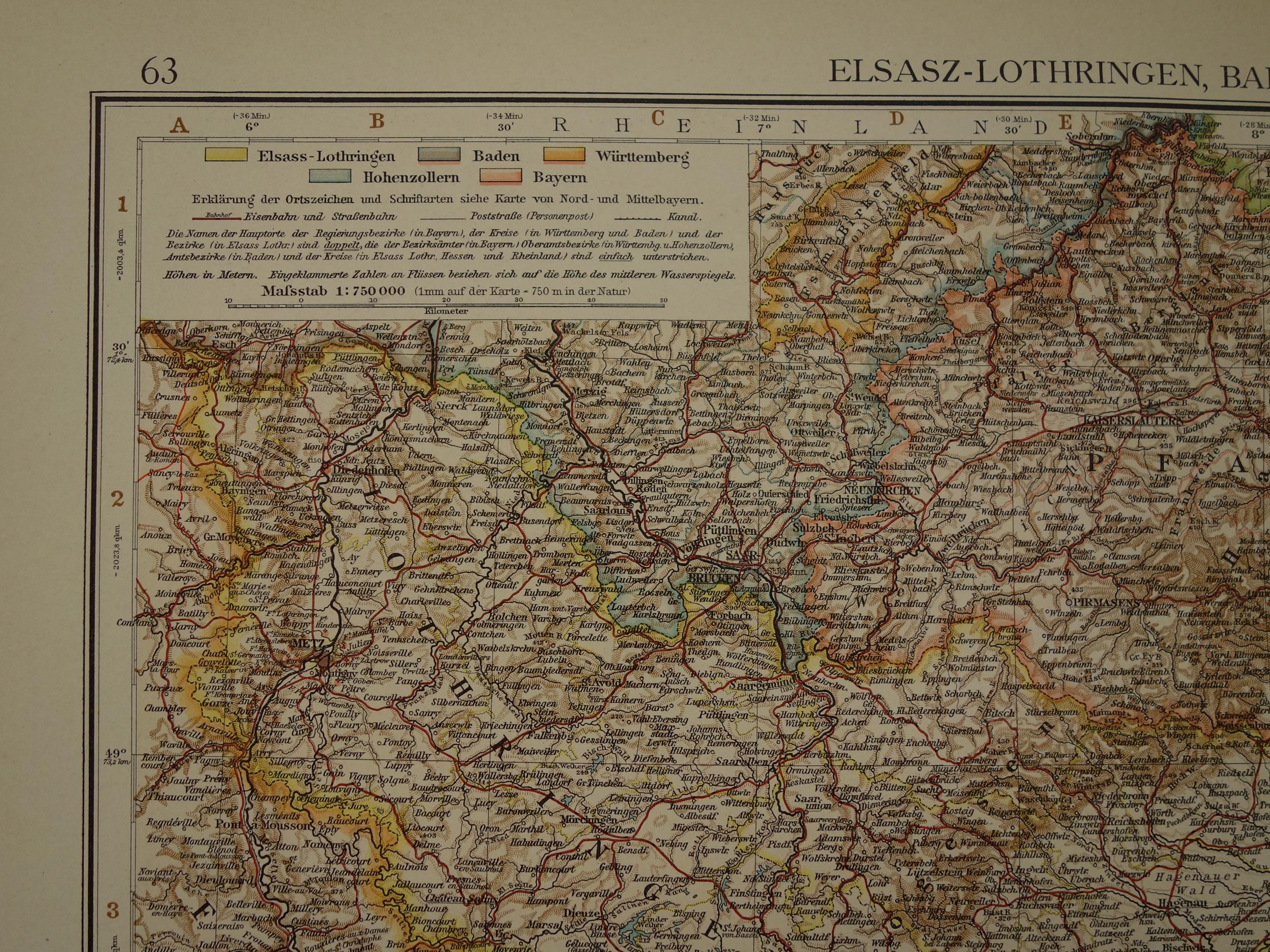 GERMANY Old Map of Alsace-lorraine 1910 Large Antique Print of Elsasz ...