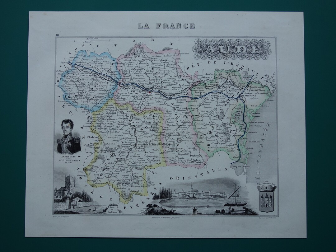 Old Map of Aude Department France Beautiful Antique Hand Colored Print ...